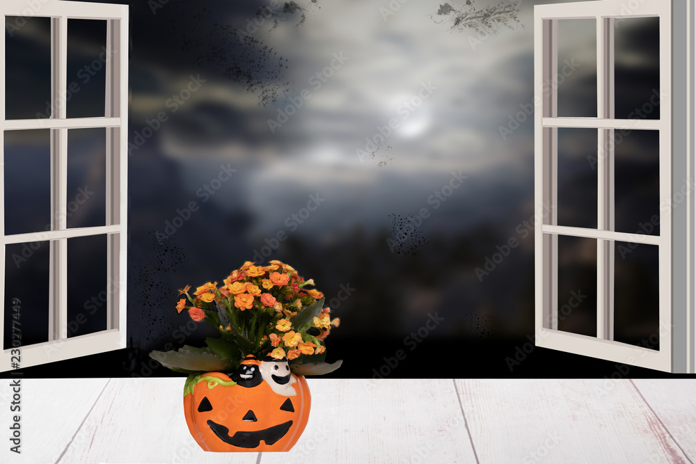 Halloween background. Bright table with flowers in a yellow porcelan ...