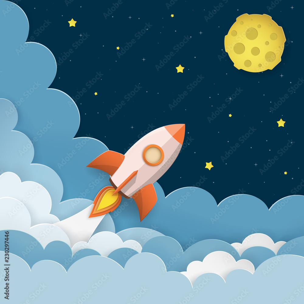 Rocket launch to the Moon. Cute space background with stars, moon ...