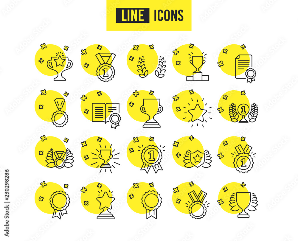 Award line icons. Set of Winner medal, Victory cup and Laurel wreath ...