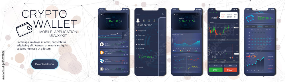 Crypto wallet mobile app template. User interface design with a ...