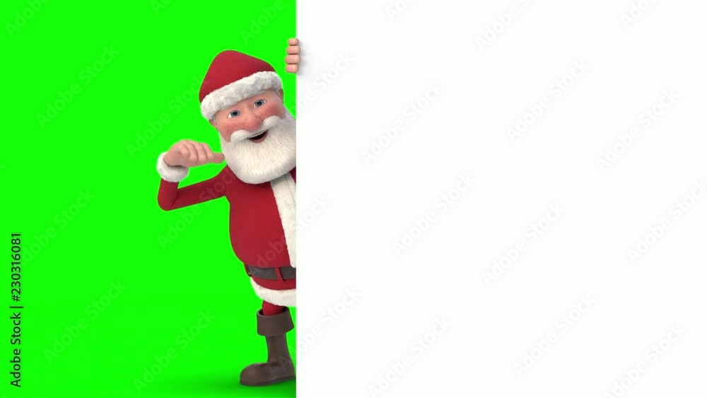 A cartoon Santa Claus peeks out from behind a white sign at the right ...