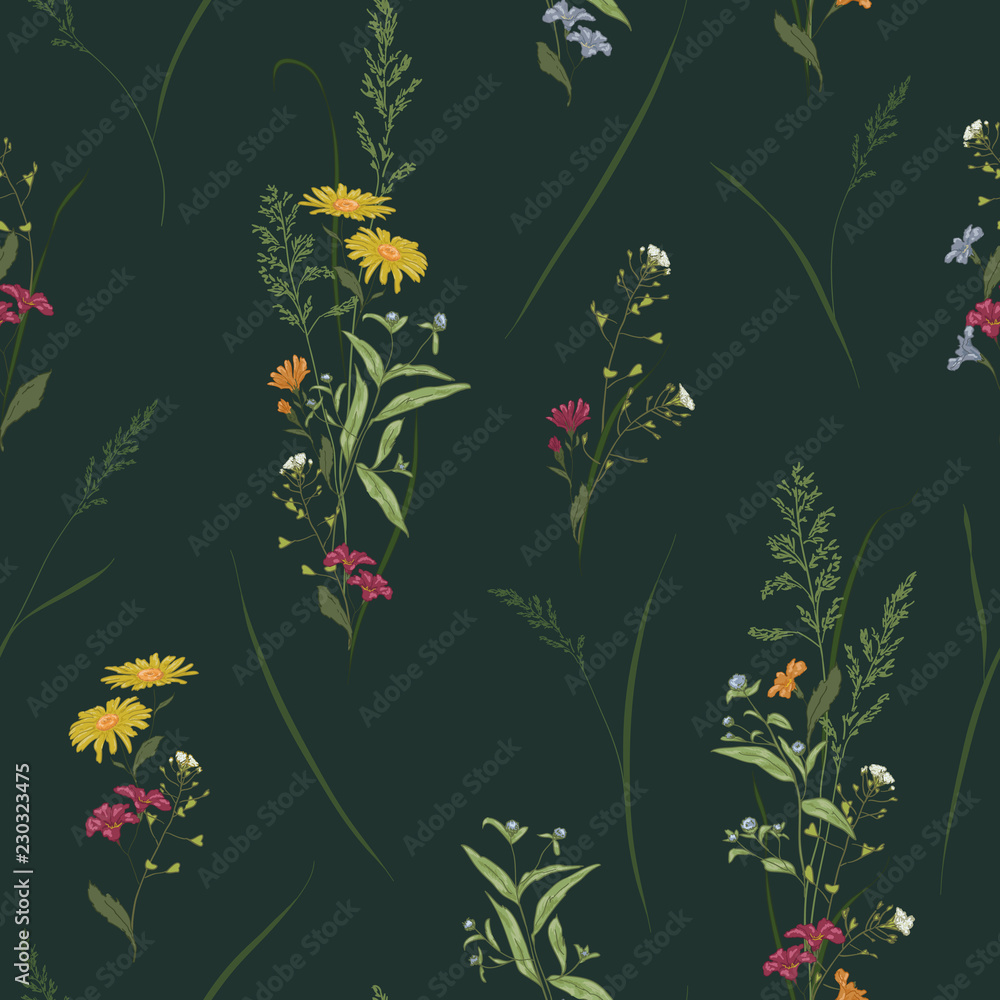 Seamless vector floral pattern with outline meadow flowers hand-drawn ...