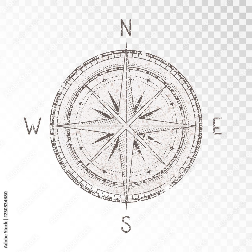 Vector illustration with a vintage textured compass or wind rose and ...