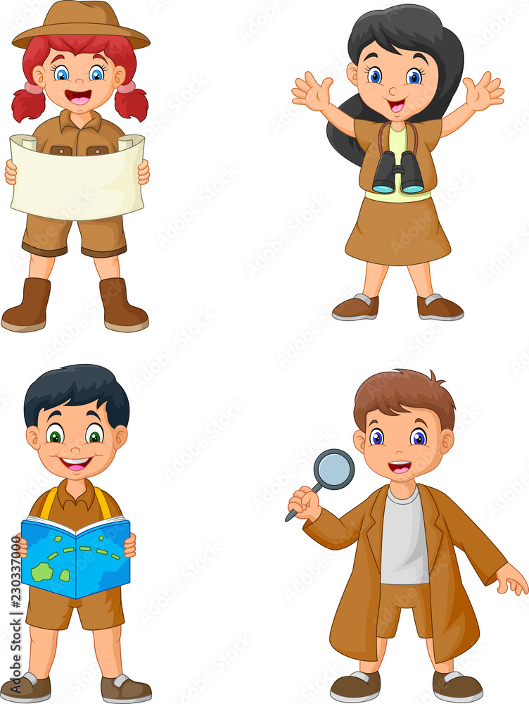 Group of cartoon happy kids wearing explorer costumes Stock Vector ...