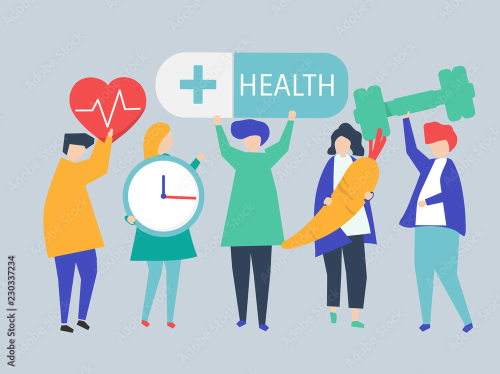 Charactes of people holding health icons illustration Stock Vector ...