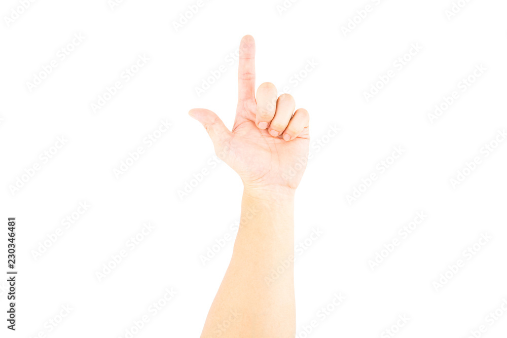 Asian male hand showing fingers like shooting gun on white background ...