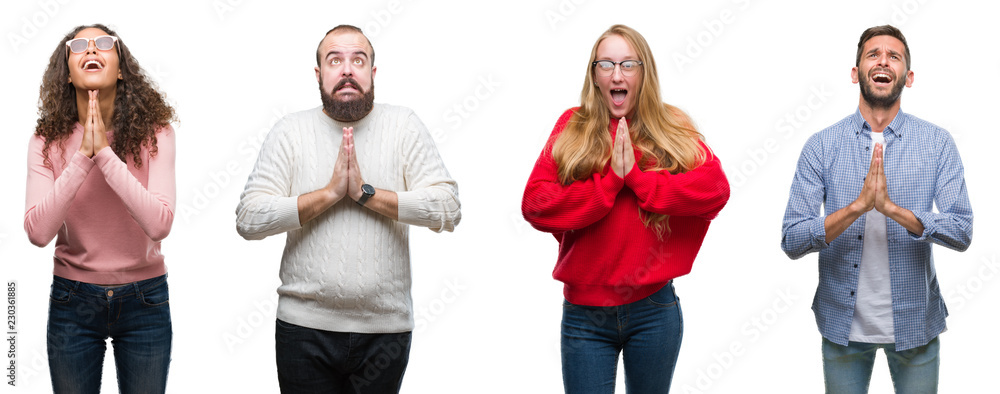 Collage of group of young people over white isolated background begging ...