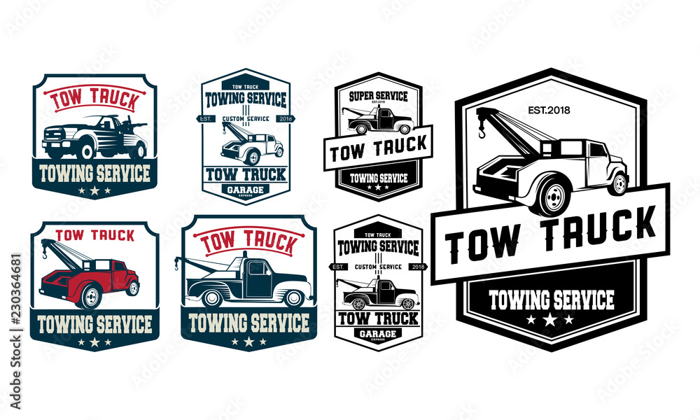 Vecteur Stock Vintage car tow truck emblems, labels and design elements ...