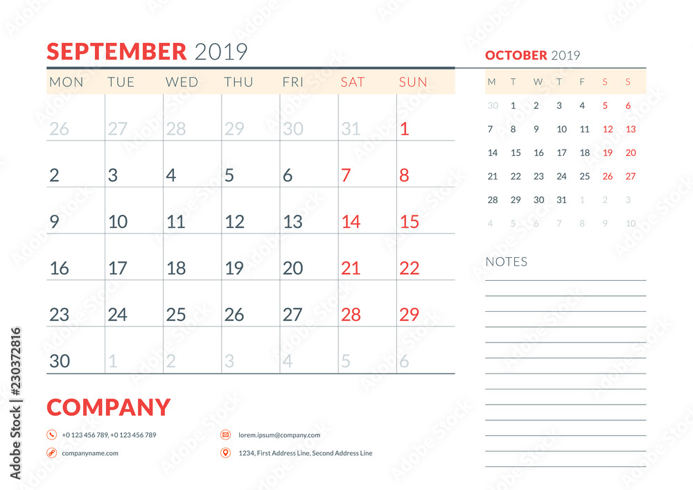 September 2019. Week starts on Monday. Calendar planner stationery ...