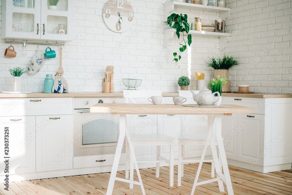 Stylish modern white kitchen. Background for cards. Stock Photo | Adobe ...