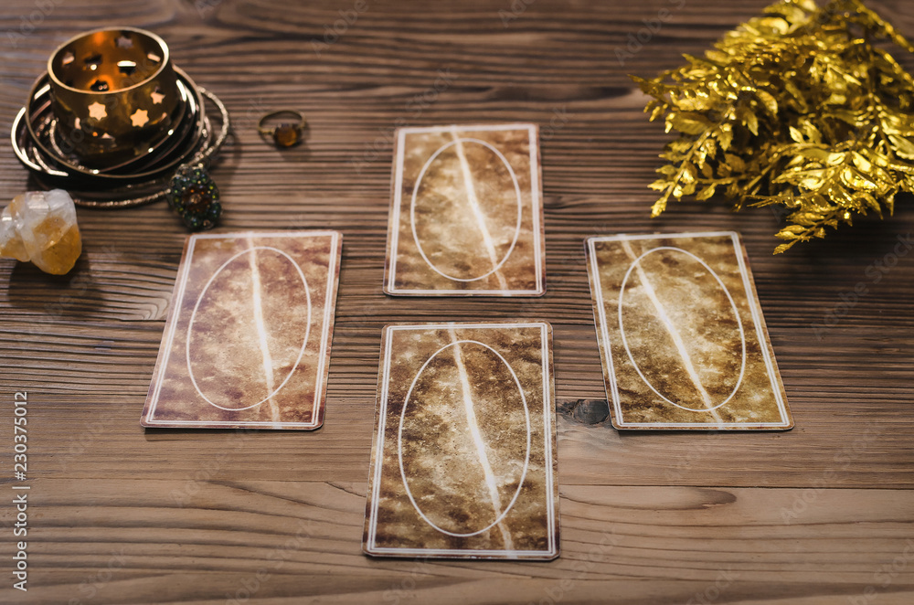 Tarot cards on fortune teller desk table background. Futune reading ...
