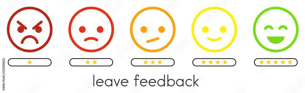 Leave feedback. Vote scale with color smileys buttons and stars. Stock ...