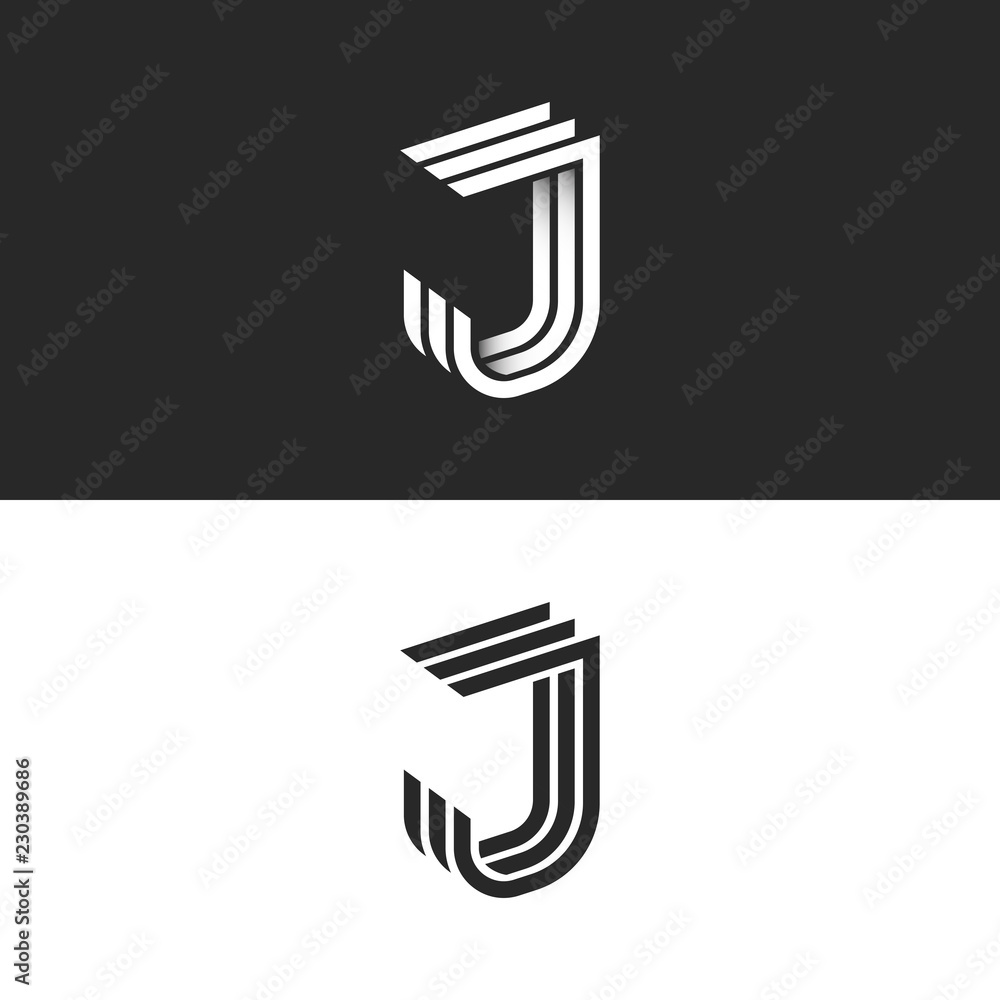 Logo J letter in isometric font initial monogram, black and white 3d ...