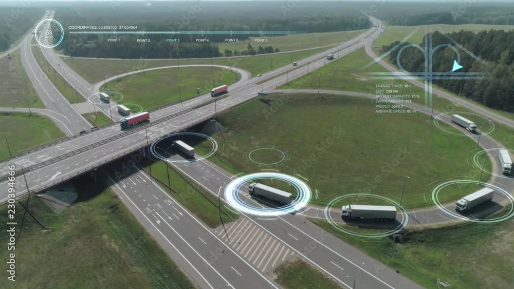 Convoy of trucks ride on the highway, technologies, artificial ...