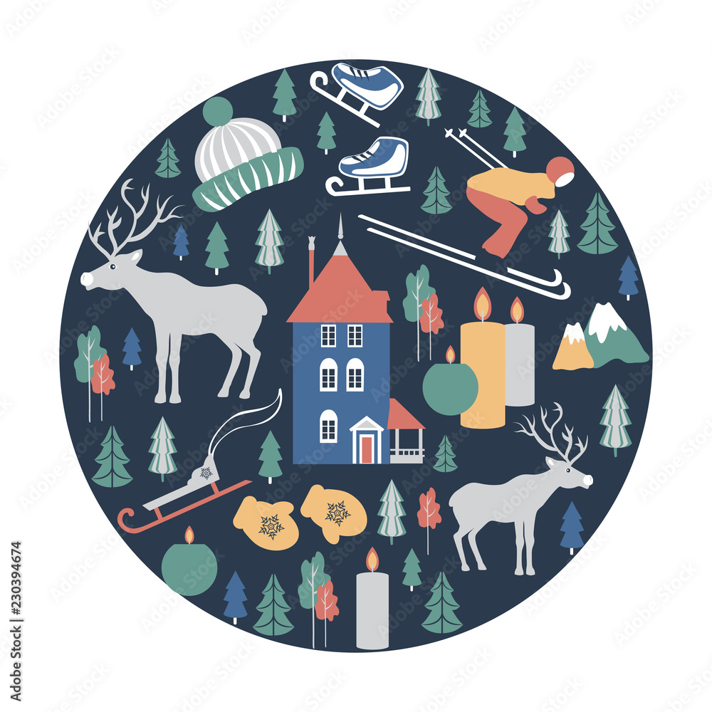 Finland travel cartoon vector round frame, Finnish landmark, Moomin ...