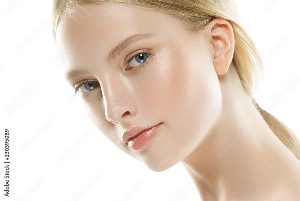 Healthy skin woman blonde white skin makeup beauty female model closeup ...