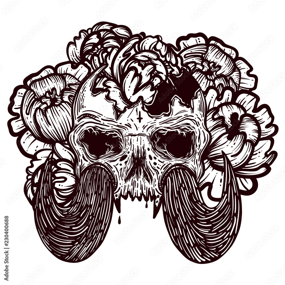 Vector illustration with a human skull with tusks and flowers. Gothic ...