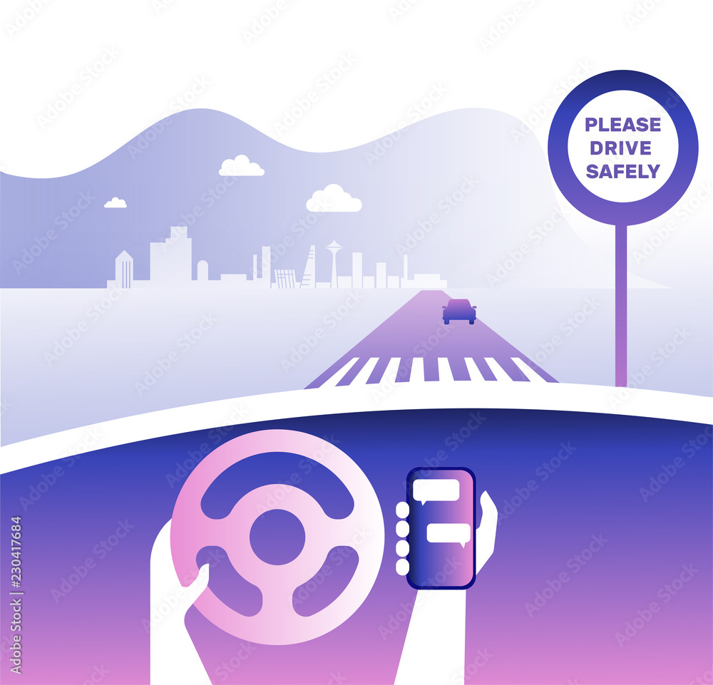 Dashboard car and driver.Hands driving a car on the highway with phone ...