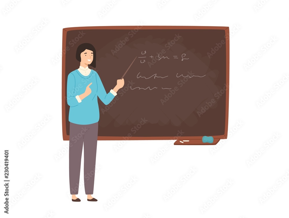 Happy young female college teacher, university professor, lecturer or ...