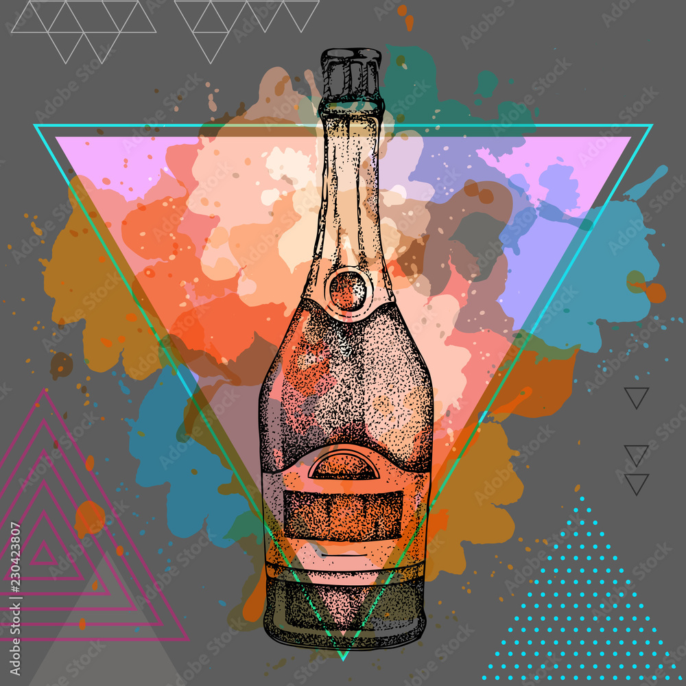 Hand drawing champagne bottle illustration on artistic polygon ...