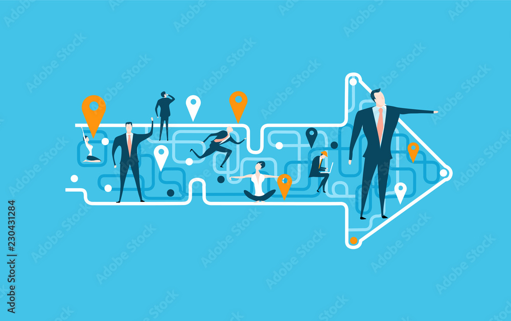 Arrow made of map lines with stop marks and people on that abstract ...