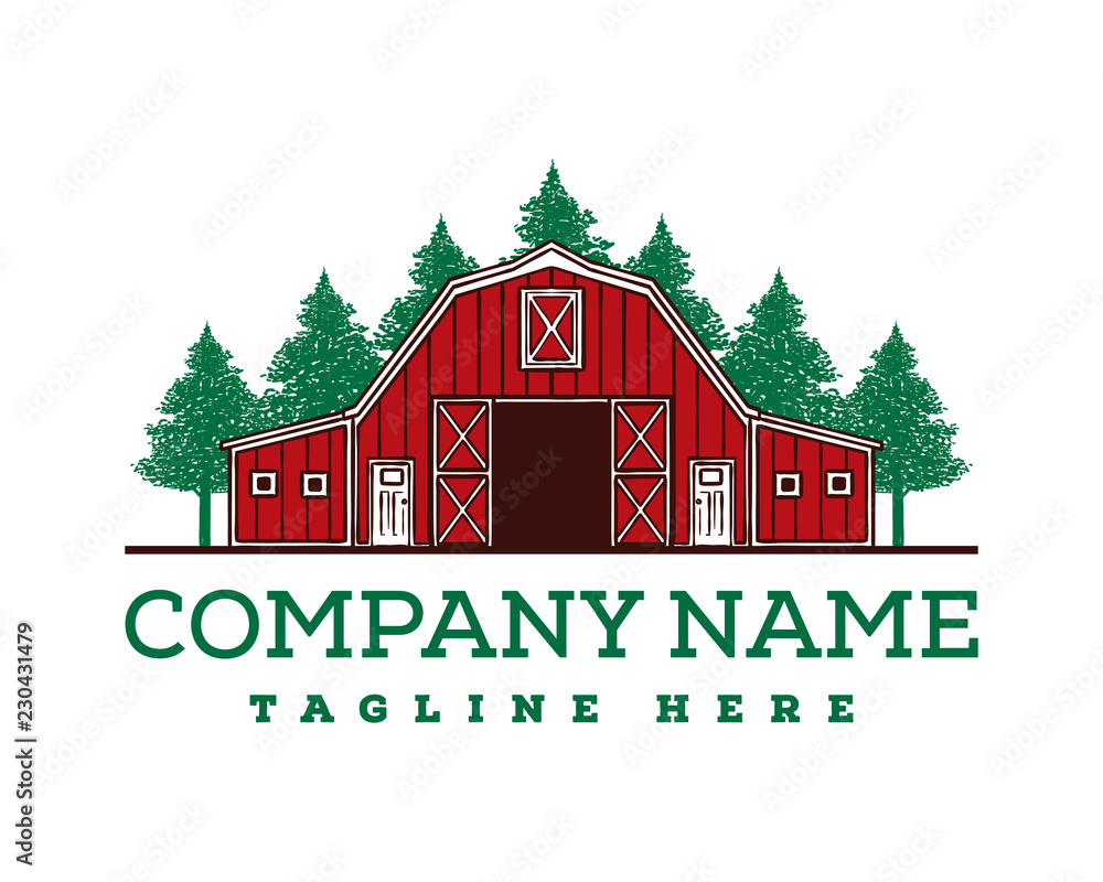 Hand Drawing Vector Red Barn on the Farm Fields with Pine Tree Forest ...