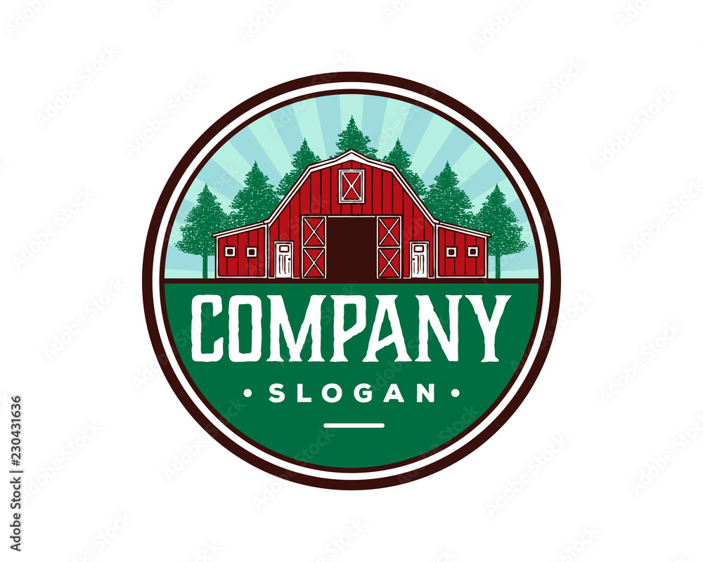 Hand Drawing Vector Red Barn on the Farm Fields with Pine Tree Forest ...