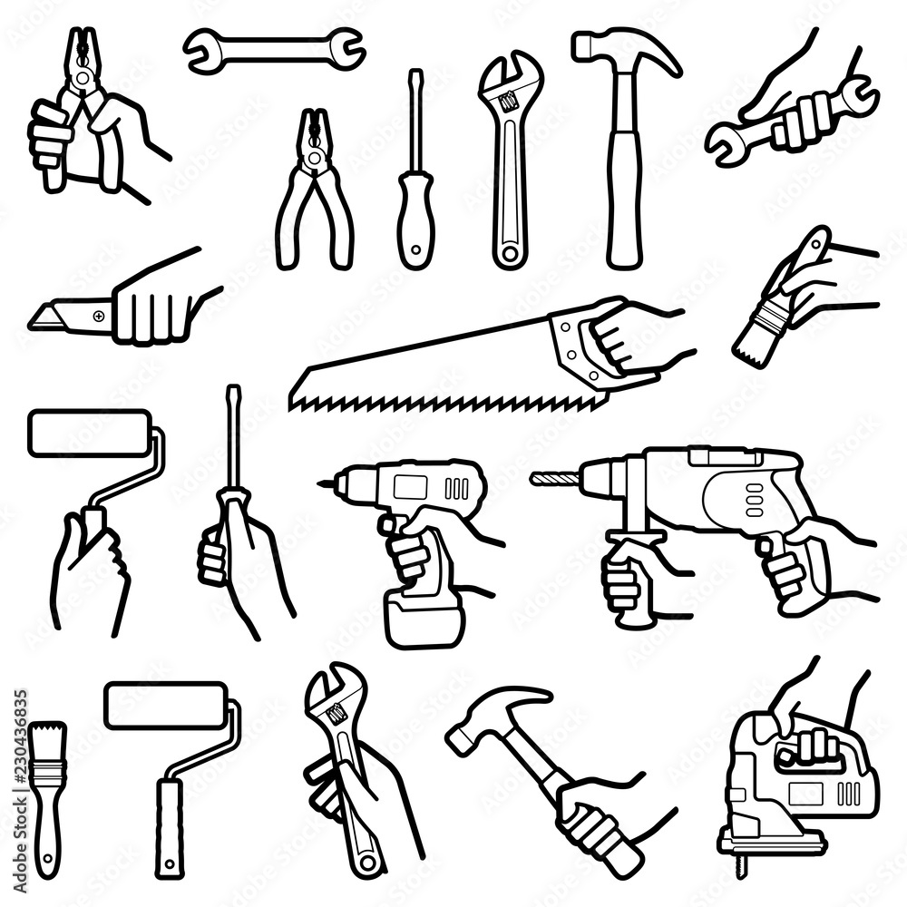 Construction tool with hand icon collection - vector outline ...