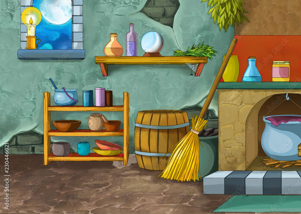 cartoon scene with medieval castle room like kitchen - interior for ...