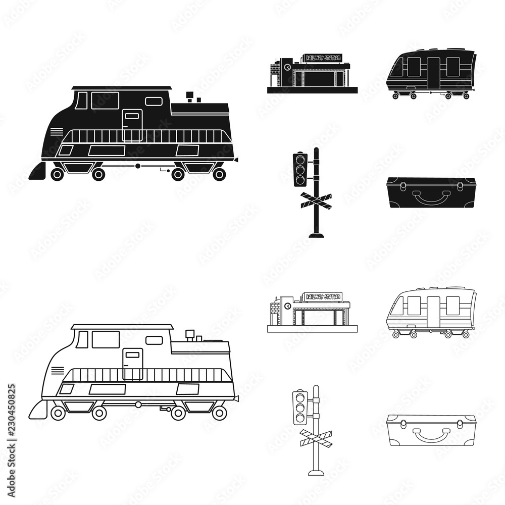 Vector illustration of train and station sign. Collection of train and ...