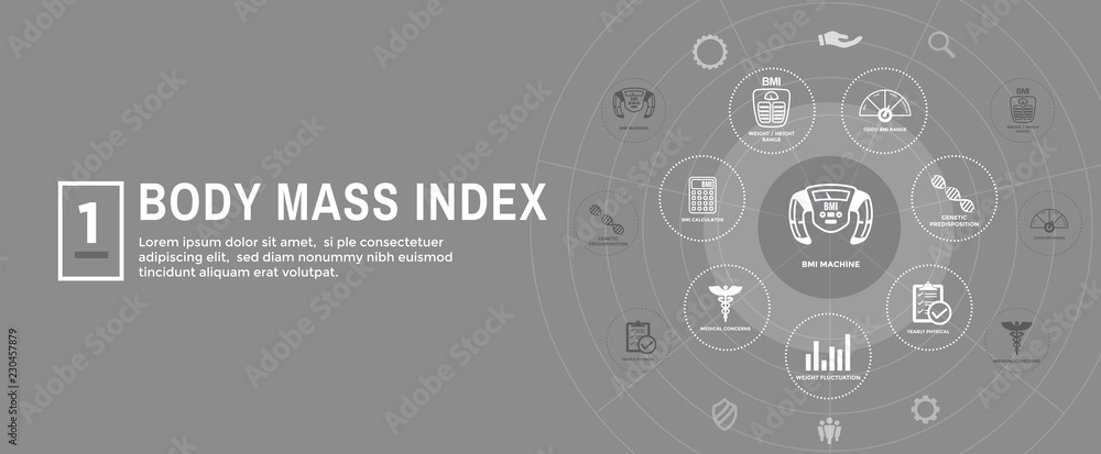 BMI or Body Mass Index Icons with scale, indicator, & calculator Stock ...