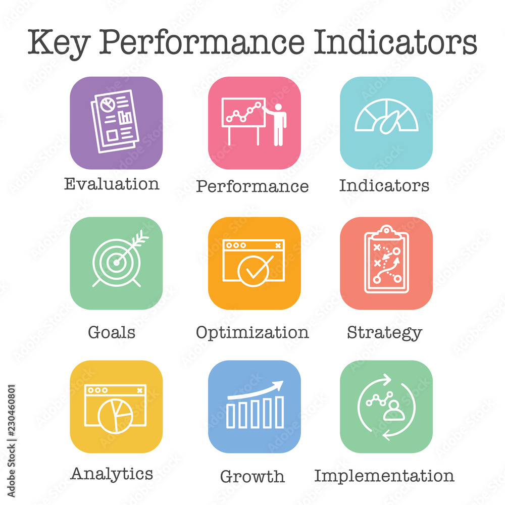KPI - Key Performance Indicators Icon set with Evaluation, Growth ...