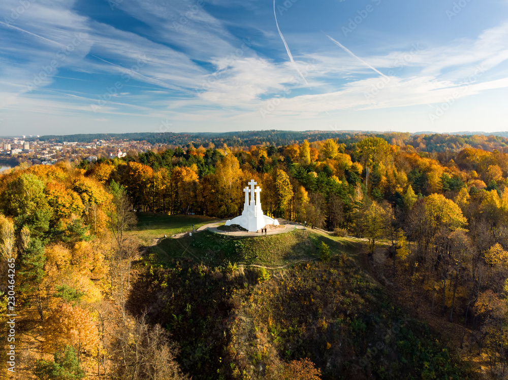 Aerial view of the Three Crosses monument overlooking Vilnius Old Town ...