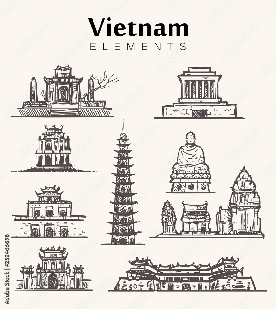 Set of hand-drawn Vietnam buildings.Vietnam sketch vector illustration ...