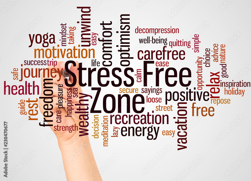 Stress Free Zone word cloud and hand with marker concept Stock ...