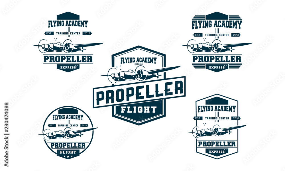 set of Light airplane related emblems, labels and design elements ...