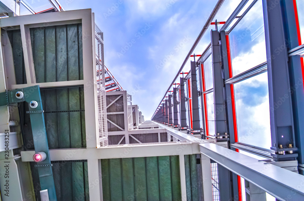 View inside a steel structure of a skyscraper, which holds the glass ...
