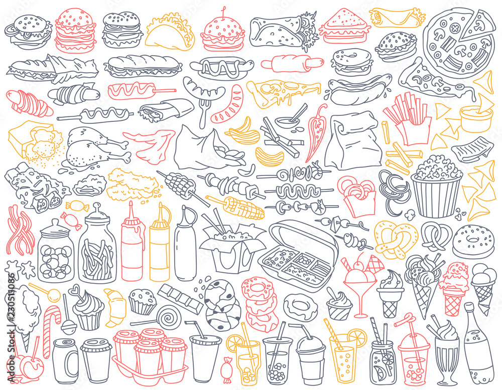 Fast food doodle set. Take away meals, snack and drinks - burgers ...