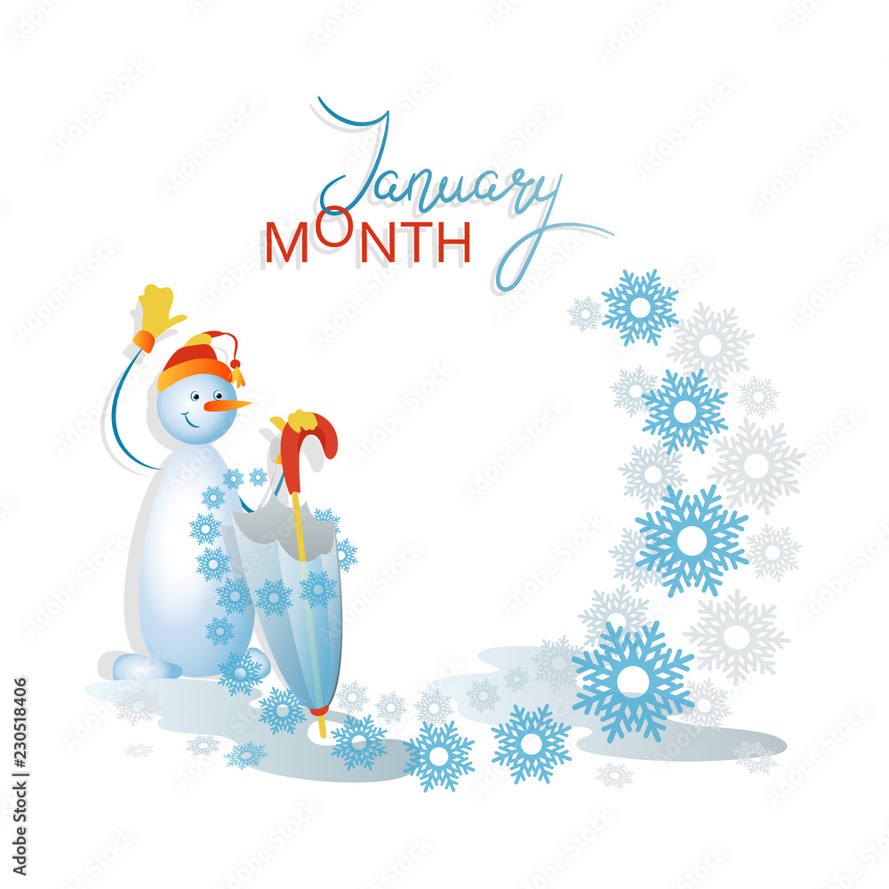 Snowman with an umbrella. January is a month. Frozen puddles, umbrella ...