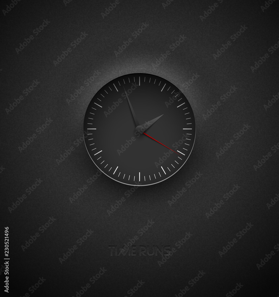 Realistic deep black round clock cut out on textured plastic dark ...
