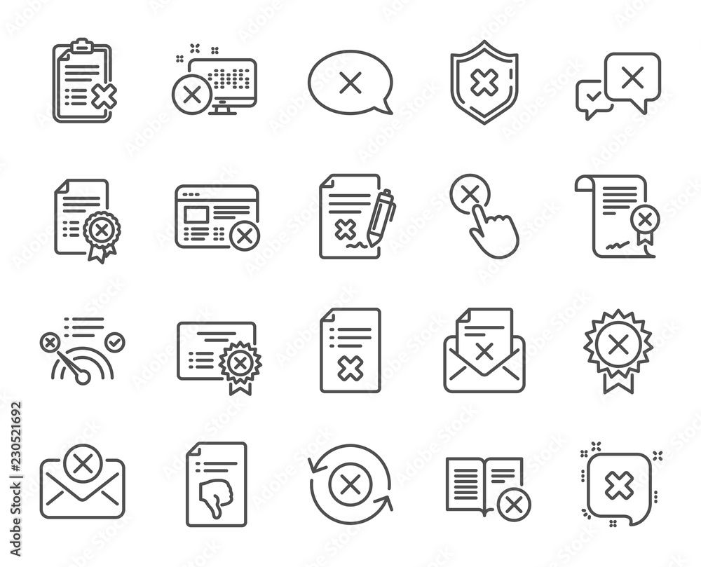Reject or cancel line icons. Set of Decline certificate, Cancellation ...