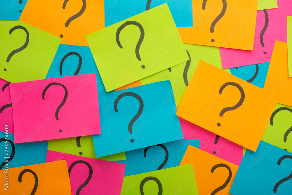 Too Many Questions. Pile of colorful paper notes with question marks ...