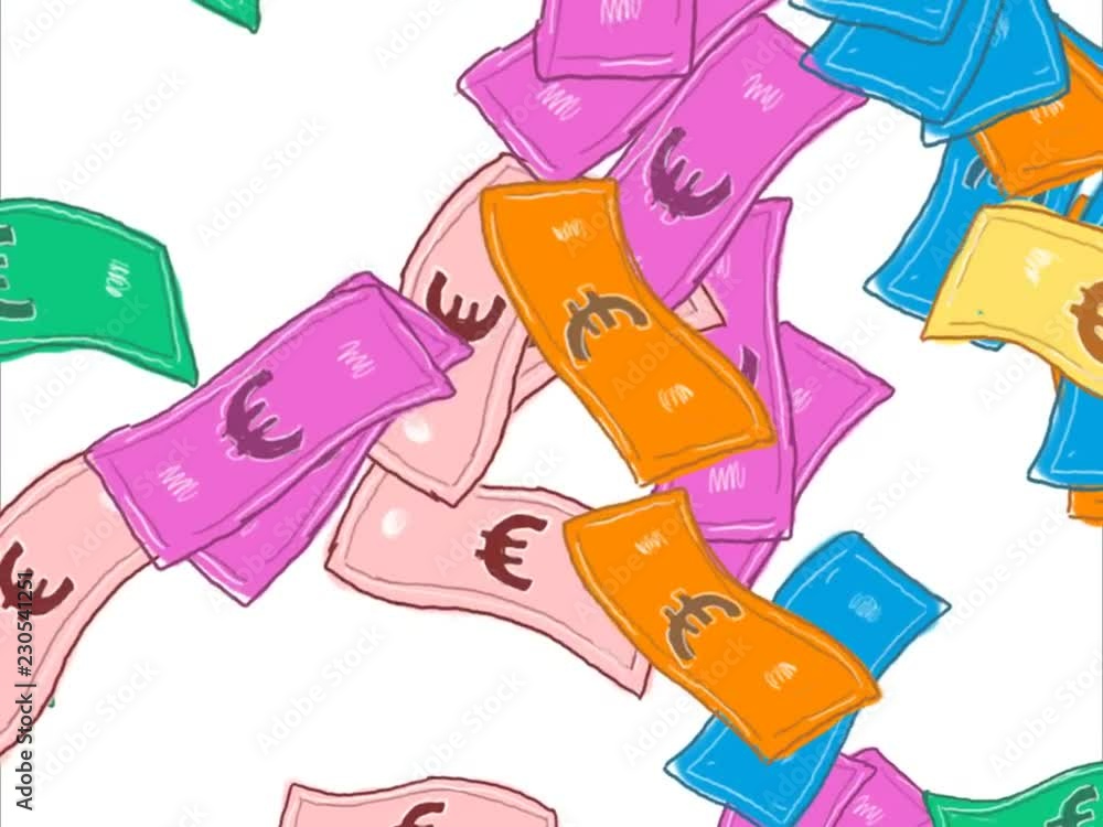 2d Animation motion graphics showing a drawing of euro notes or bills ...
