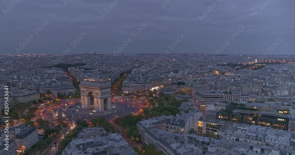 France Paris Aerial v53 Panning birdseye detail of Arc de Triomphe and ...