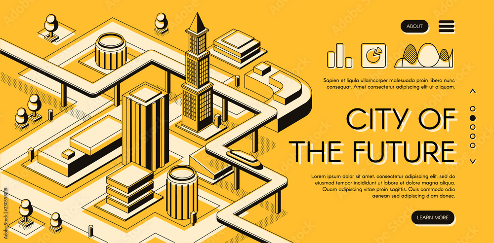 City of the future isometric vector web banner with futuristic car ...