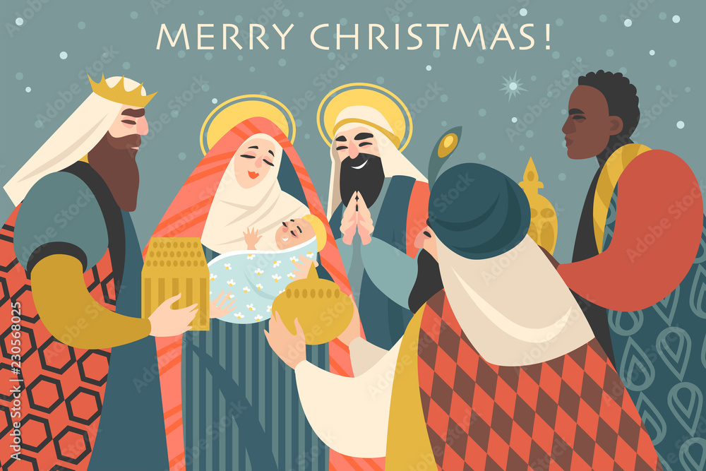 Christmas card in retro style with three kings bringing gifts to Jesus ...