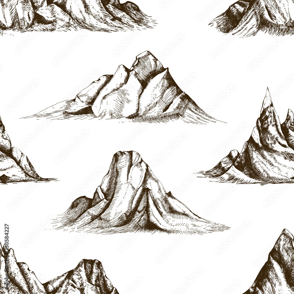 Monochrome seamless pattern with mountain peaks hand drawn with contour ...