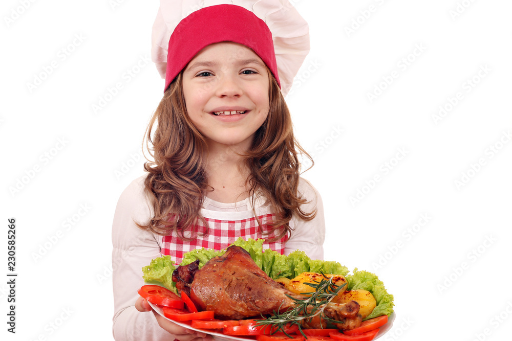 happy little girl cook with roasted turkey drumstick for thanksgiving ...