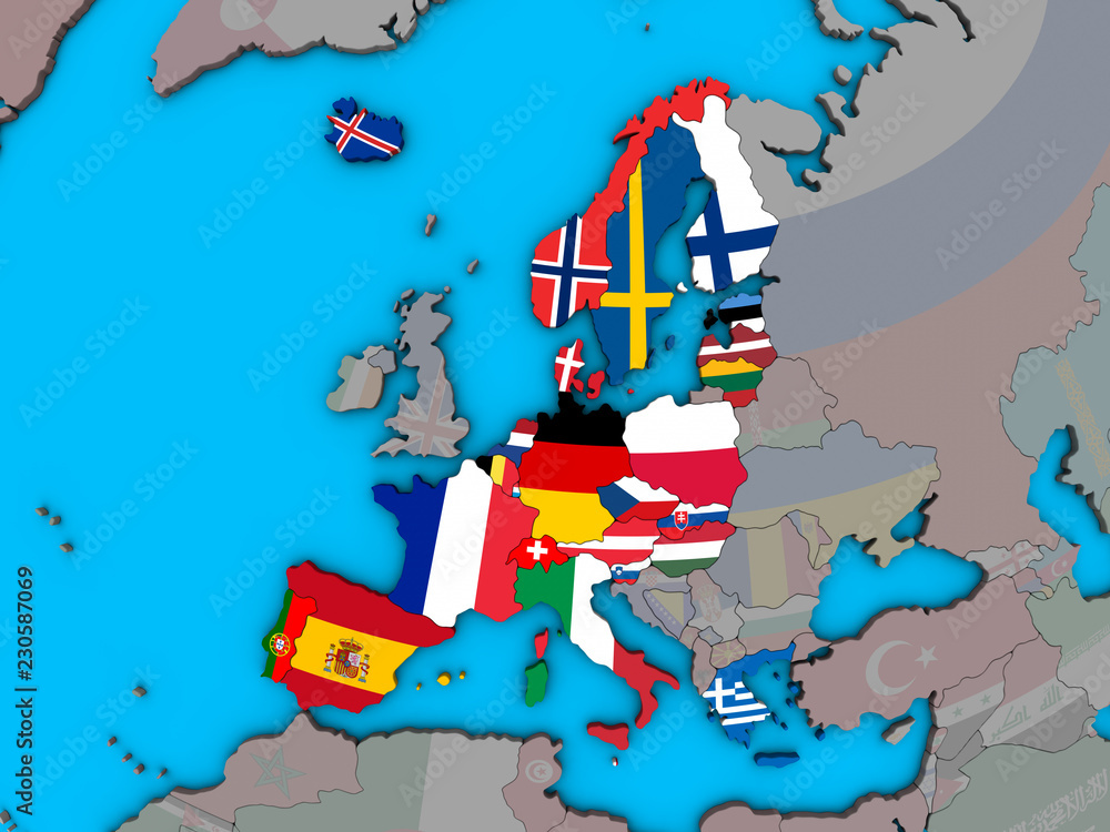 Schengen Area members with embedded national flags on blue political 3D ...