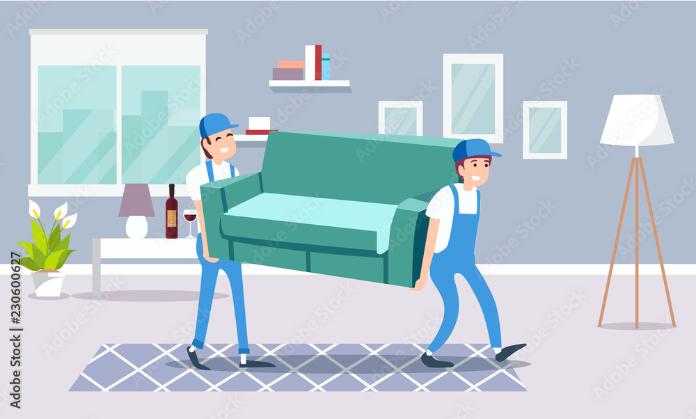 Two moving delivery company workers move hold carry green sofa. Cartoon ...